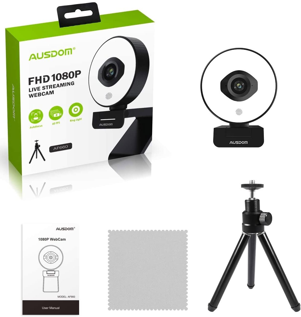 Ausdom AF660 Full HD 1080p 60fps Black Desktop Webcam - Wootware